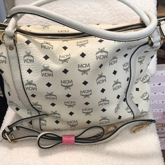 MCM | Bags | Mcm White Leather With Blk Mcm Logo Hand Or Crossbody ...